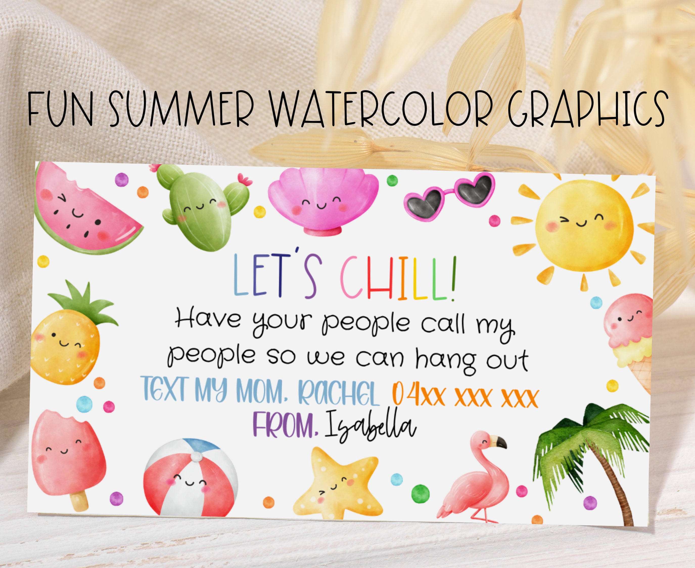 Kids Playdate Contact Card Printable Summer Play Date Card Kids Calling ...