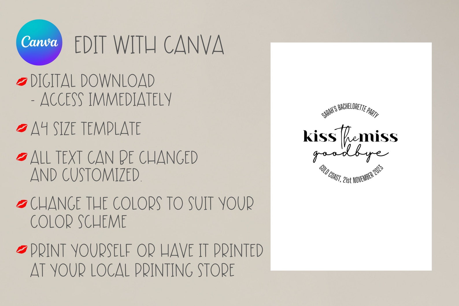Kiss the Miss Goodbye Print Hen's Party Keepsake Hens Night Supplies ...