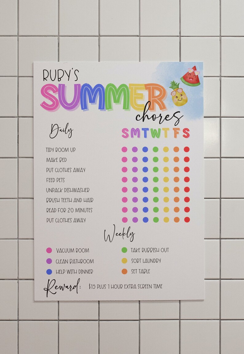 Summer Chore Chart for Kids Responsibility Chart Kids Chores List ...