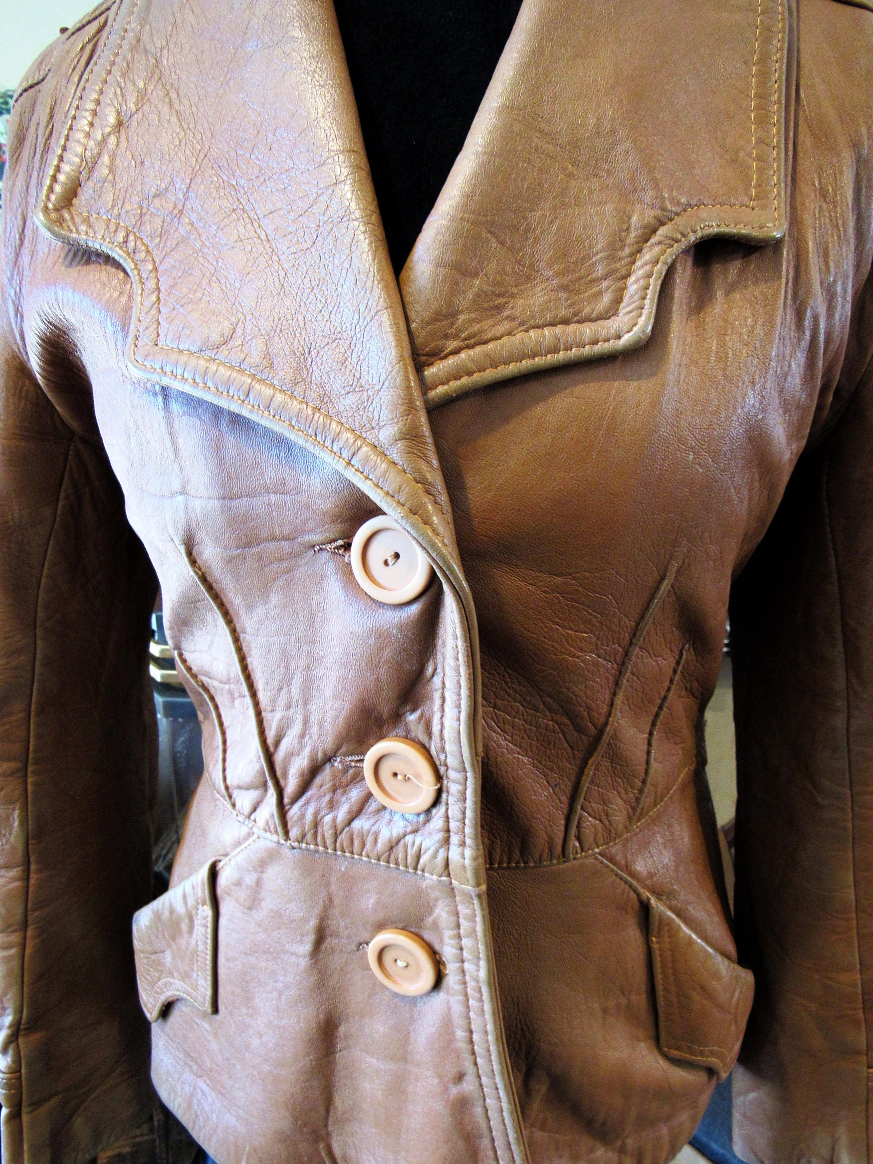 70's Leather Jacket Camel Color Light Brown Button up Size Medium - Etsy
