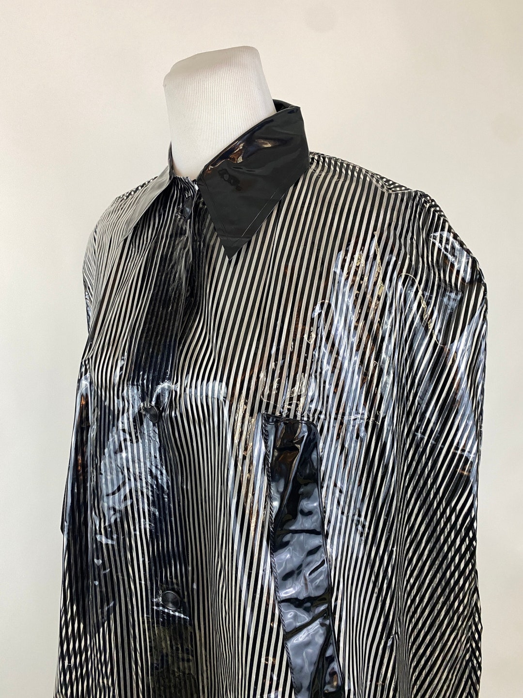 Black Stripe Mod Vinyl Cape Clear Black Collar OSFM Button Front 70's ...