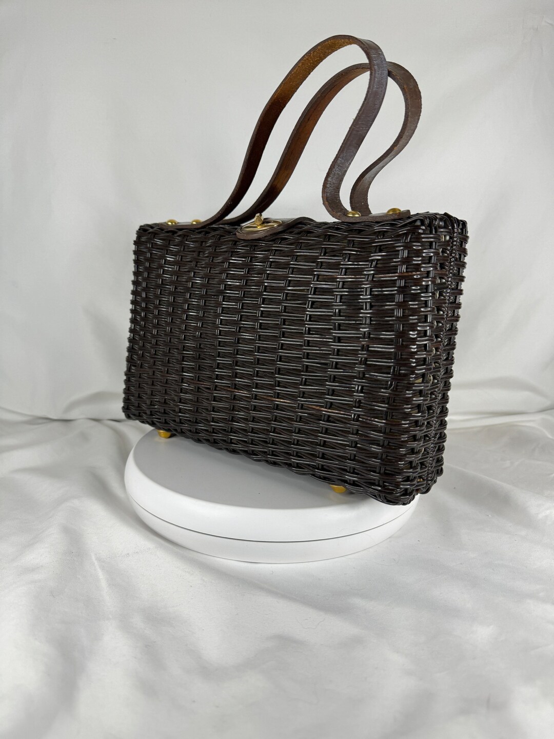 Brown Woven Straw Rattan Purse Handbag Faux Straw Leather Handle ...