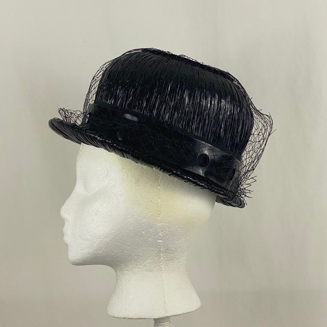 Black Mod Bowler Hat Small 60's Women's Raffia Straw Veil Karlette ...