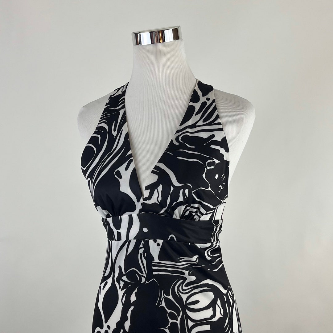 Black White Halter Formal Dress Small Marbled Swirl Graphic 90's Disco ...