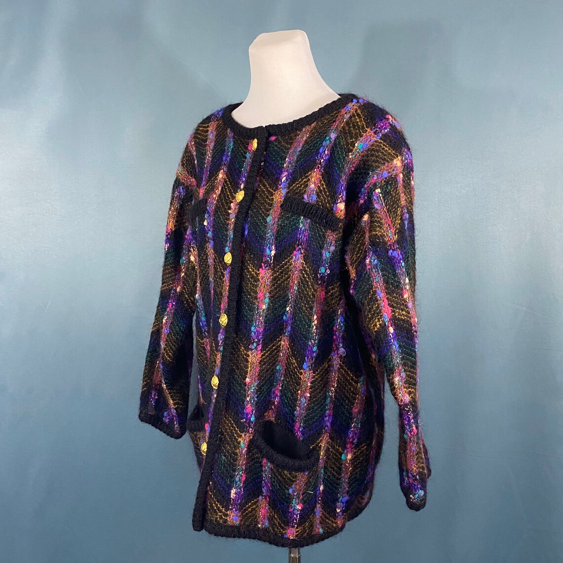 Multi Color Chevron Cardigan Large Sweater Black Gold 80's | Etsy
