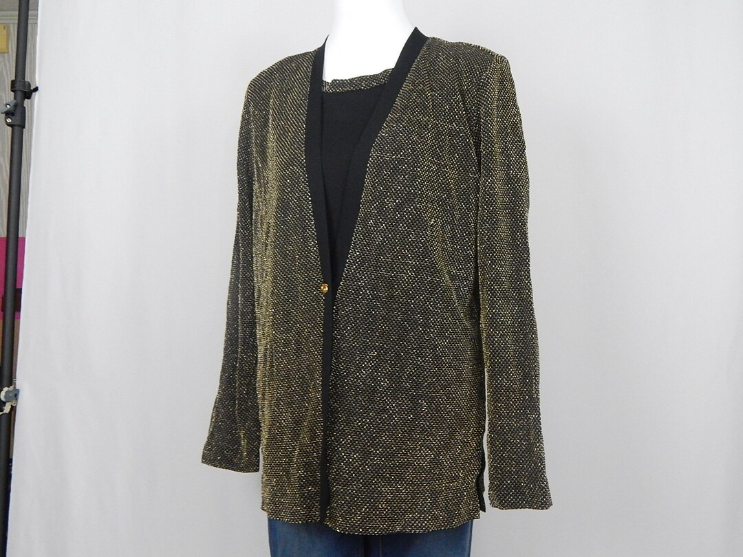 Black Gold Disco Jacket Large L Metallic Gold Shell Blouse Long Sleeve ...
