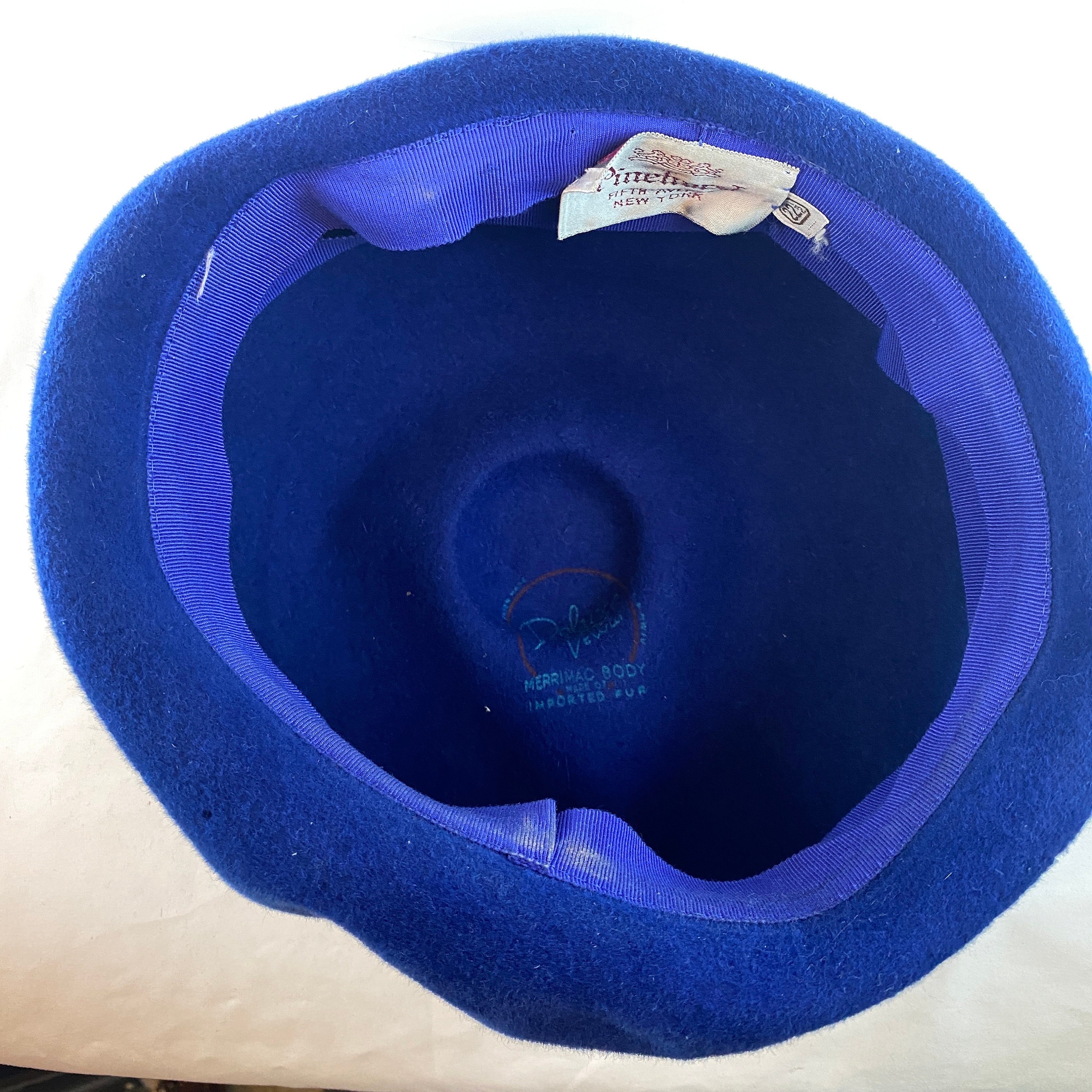 Navy Blue Cossack Hat Medium Pillbox Velveteen 60's Button Top Velour ...