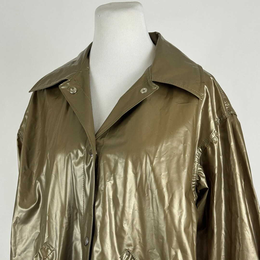 Gold Metallic Rain Coat Small Mod Vinyl Collar Button Front 80's ...