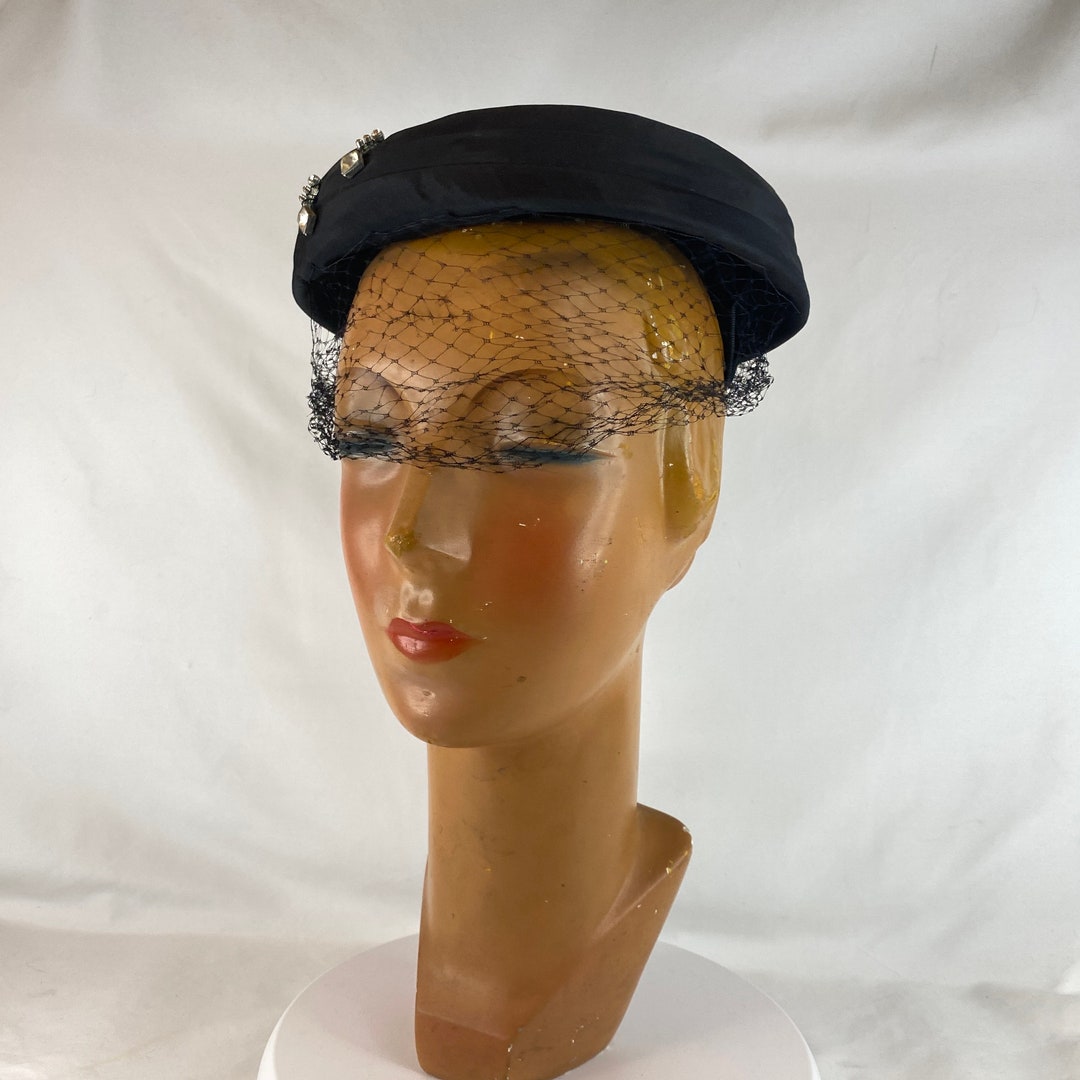Black Bumper Hat Small Fabric 50's Fifties Capulet Women's Hat Veil ...