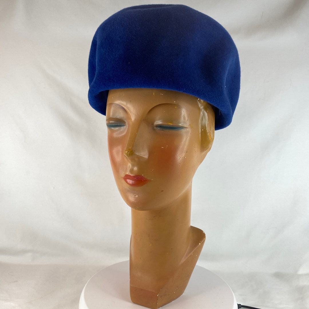 Navy Blue Cossack Hat Medium Pillbox Velveteen 60's Button Top Velour ...