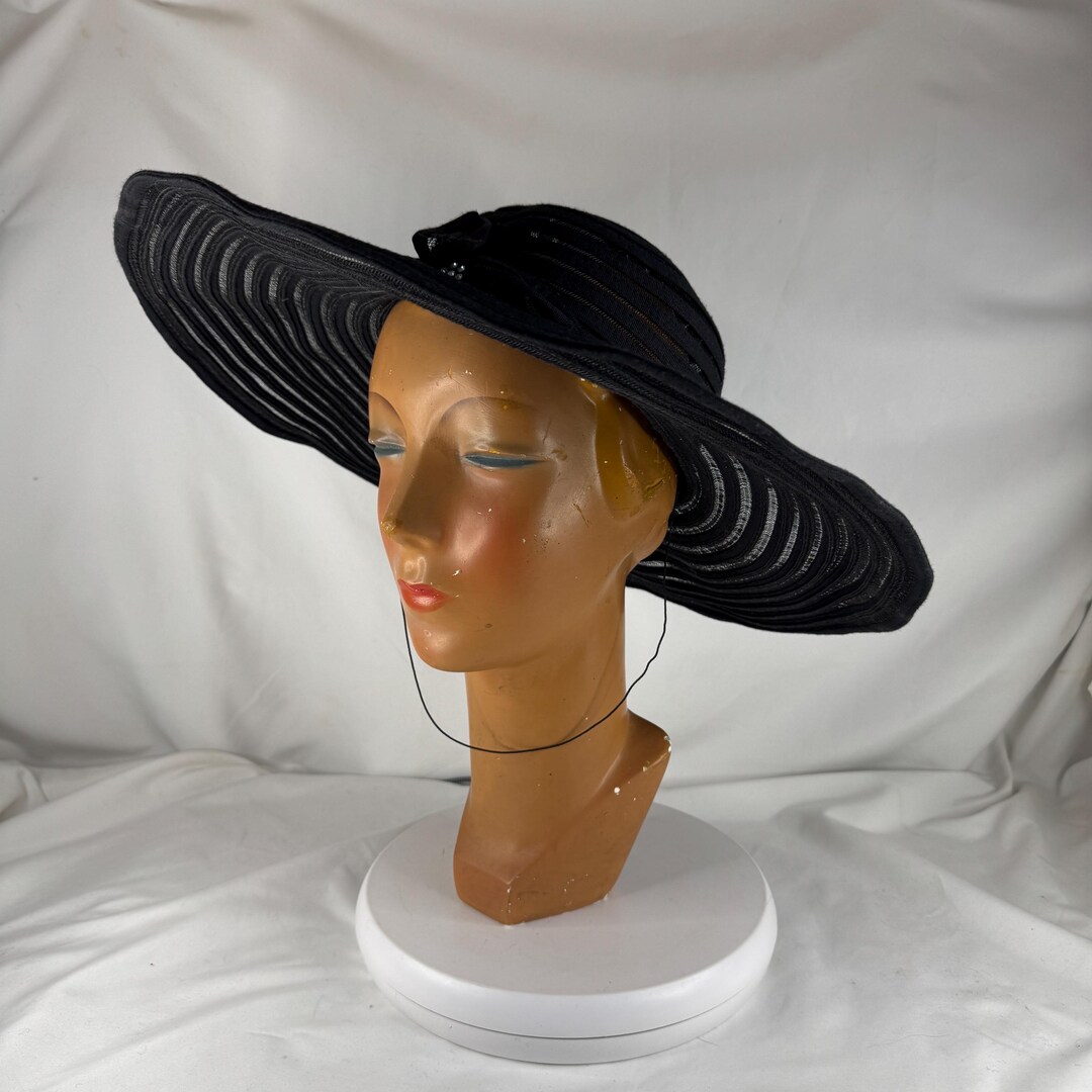 Black Cartwheel Hat Large Pinwheel Hat 50's Leaf Leaves - Etsy