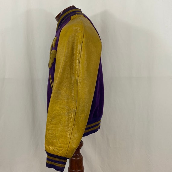 Purple Gold Letterman Varsity Jacket Large 60's Leath… - Gem