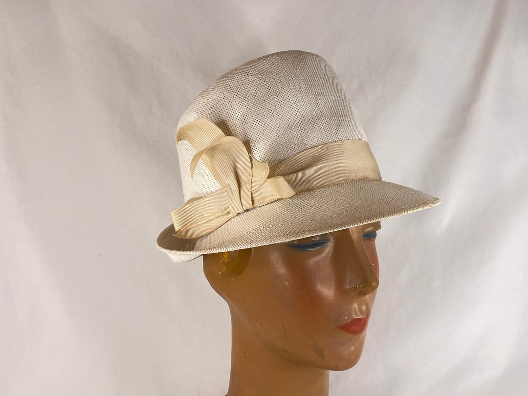 Cream Straw Fedora Hat, 60s Mod Ribbon Accent (21 Inch) - Etsy
