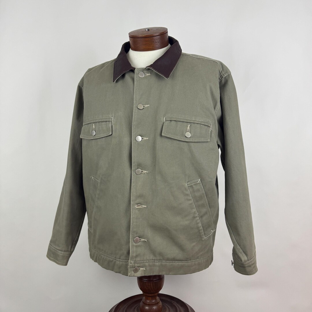 Khaki Barn Jacket Large Leather Collar Cotton Flannel Plaid Lined Men's ...