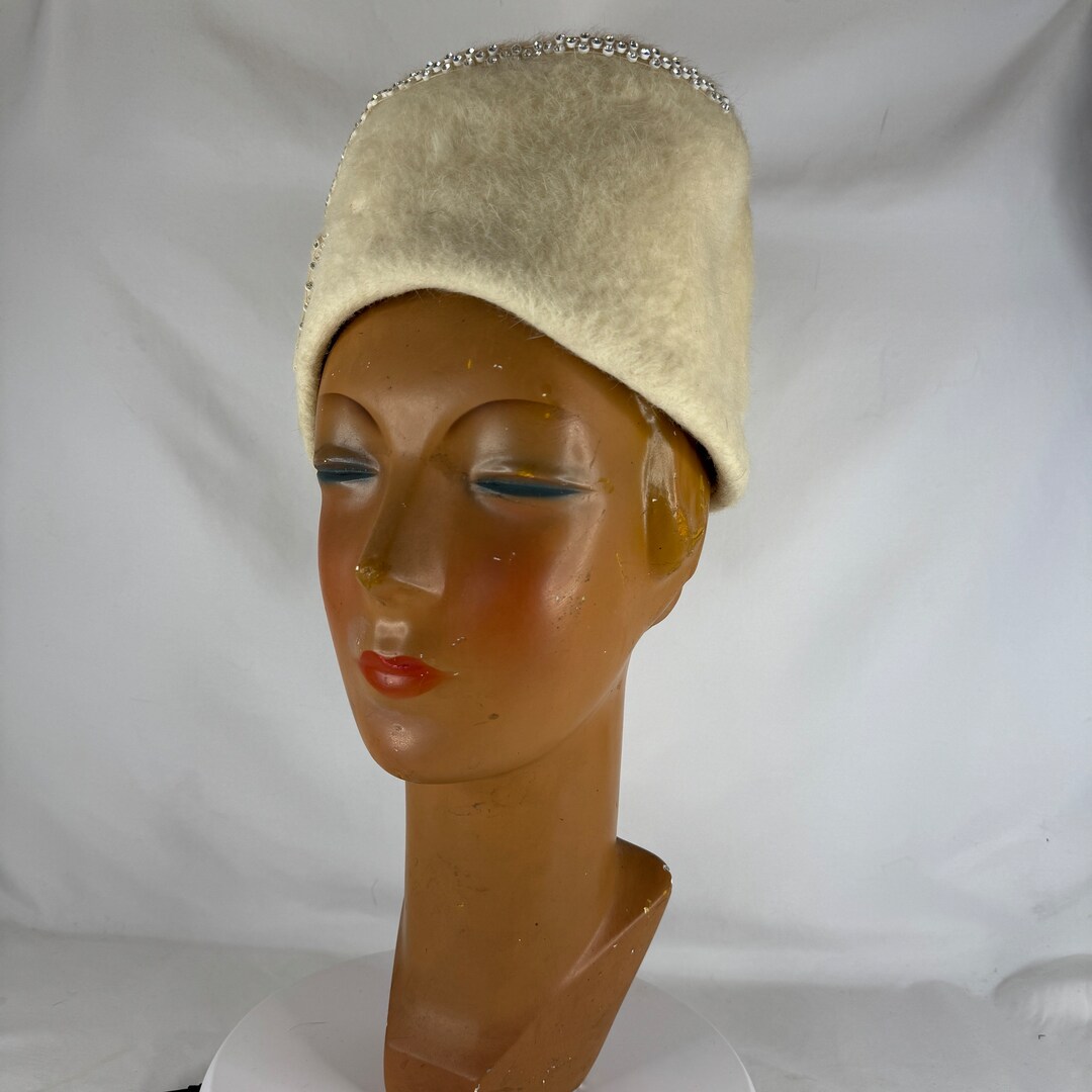 White Cossack Hat Small Medium Pillbox Rhinestone Trim Bow Tall 60's ...