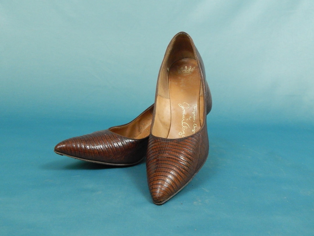 Lizard Skin Stiletto Pumps 7.5 AAAA Narrow Slim Brown Pointed Toe Low ...