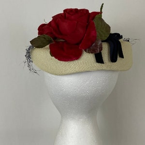 Cream Calot Hat Small Flower AS IS Black Netting Fifties Floral Woven ...