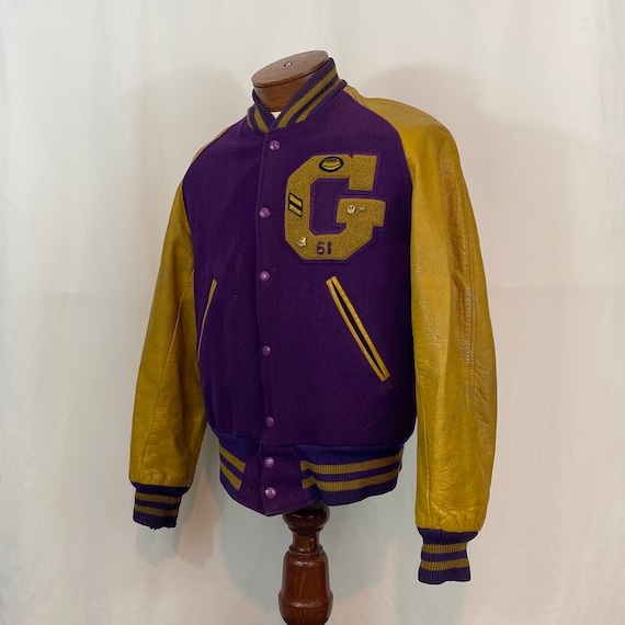 Purple Gold Letterman Varsity Jacket Large 60's Leath… - Gem