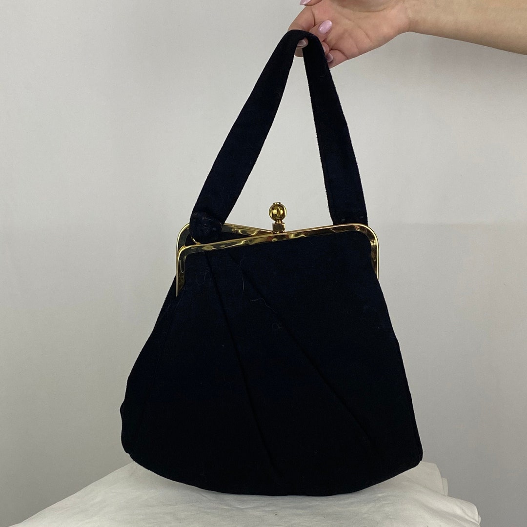 Black 50's Purse Top Handle Flannel Asymmetrical Cross Over Purse Gold ...