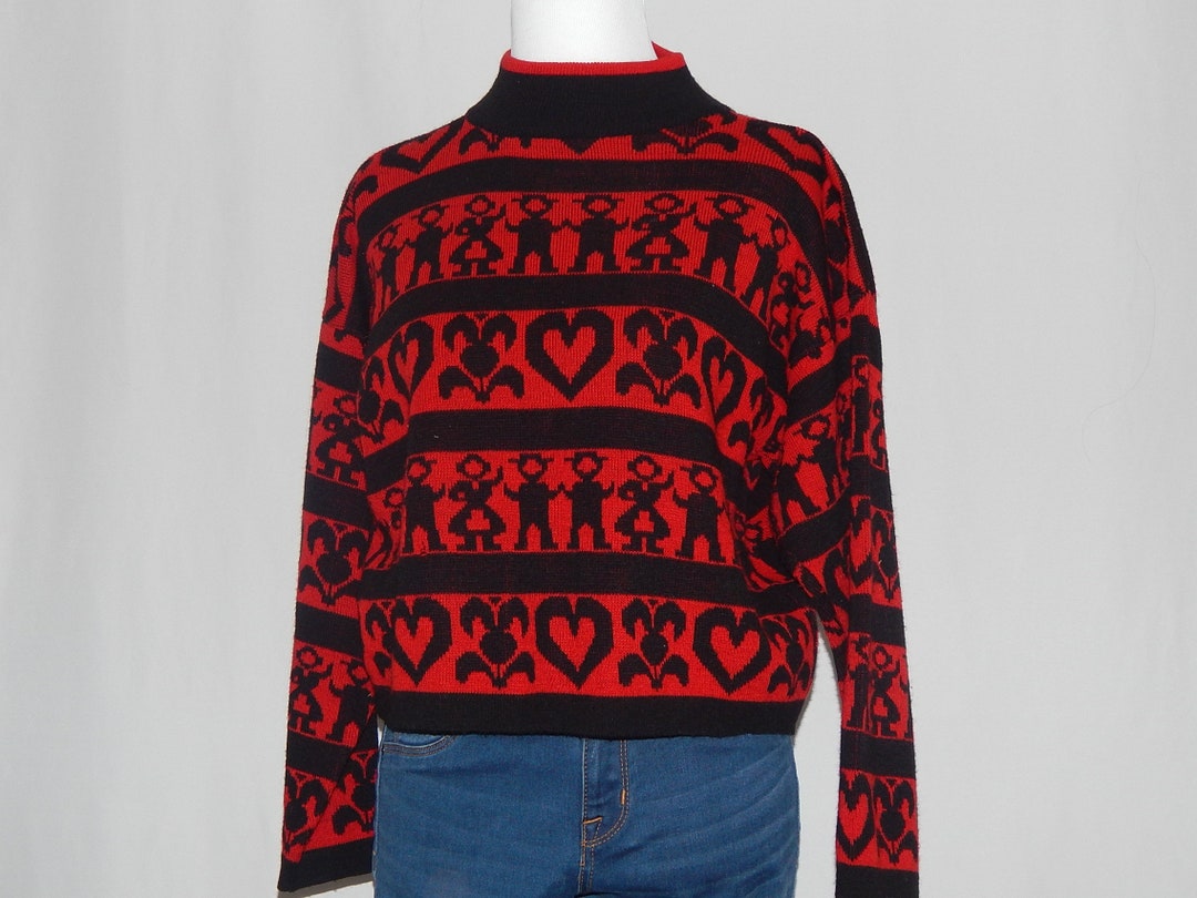 Red Black Sweater Large Amish Pilgrim Novelty Pullover Cropped Knit ...