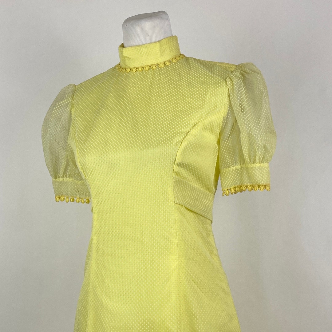 Yellow Dotted Swiss Dress Small Prairie 70s Formal Puffy Sleeve Gown ...