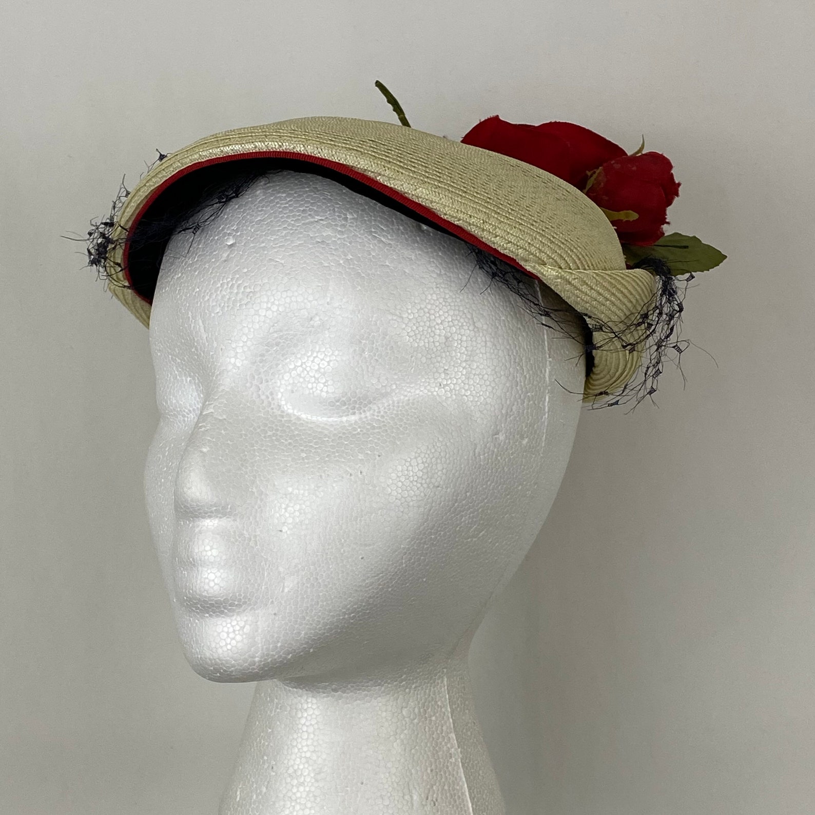 Cream Calot Hat Small Flower AS IS Black Netting Fifties - Etsy