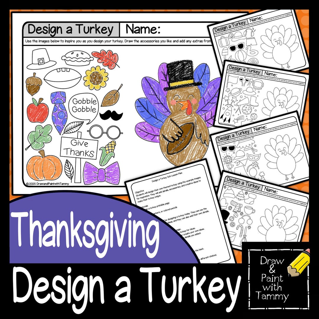 Design a Turkey Thanksgiving Fall Art Drawing Activity Art Sub Lesson ...