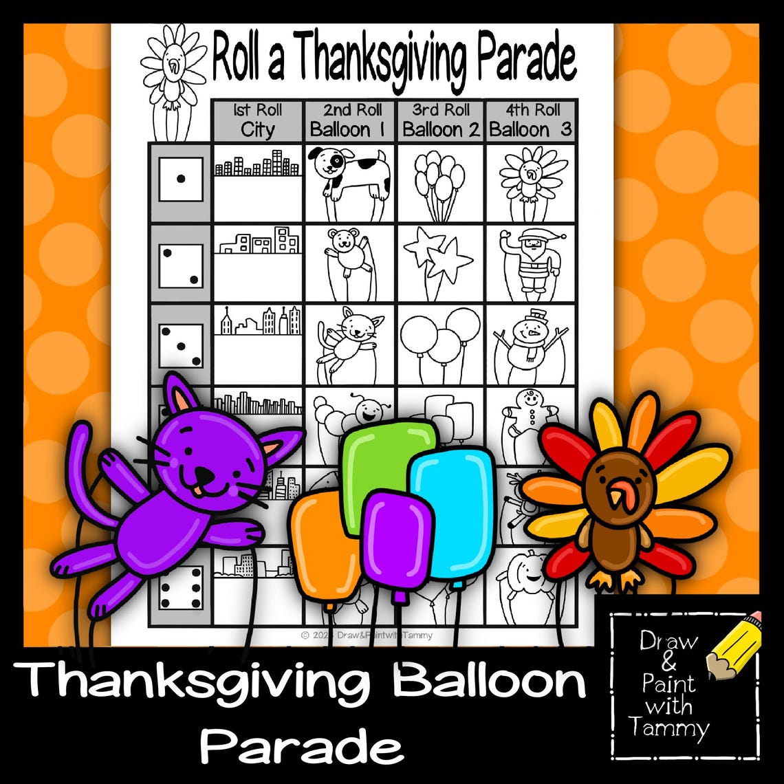 Roll a Thanksgiving Day Balloon Parade Roll and Draw Art Writing Sub ...