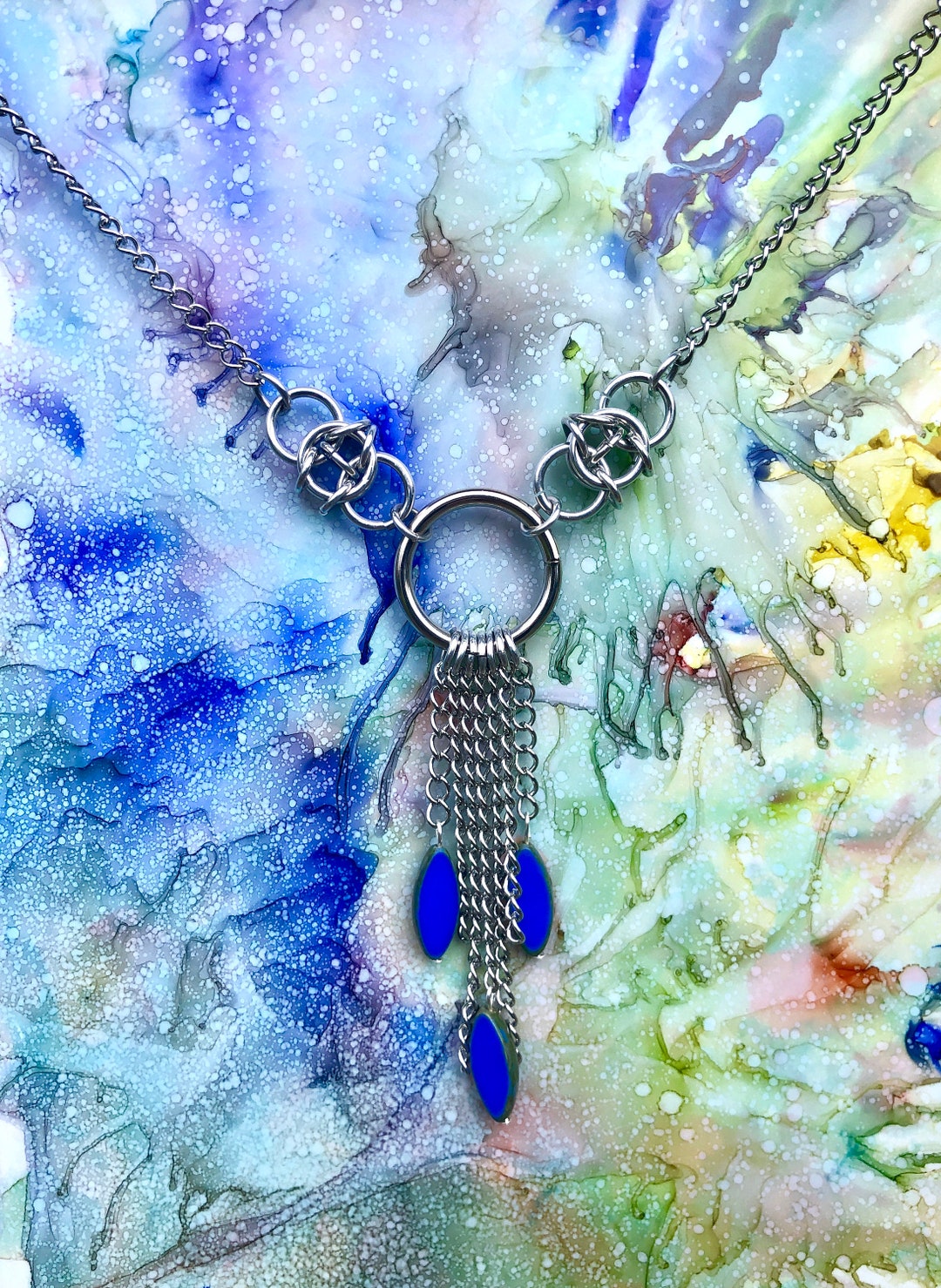 Chainmail Necklace Silver Hoop Chain With Royal Blue Colored Czech ...