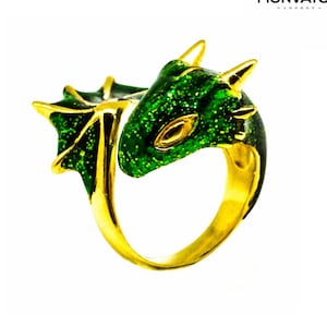Whimsical Gold Emerald Dragon Fantasy Ring - Green Sparkling Dragon ...