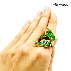 Whimsical Gold Emerald Dragon Fantasy Ring - Green Sparkling Dragon ...