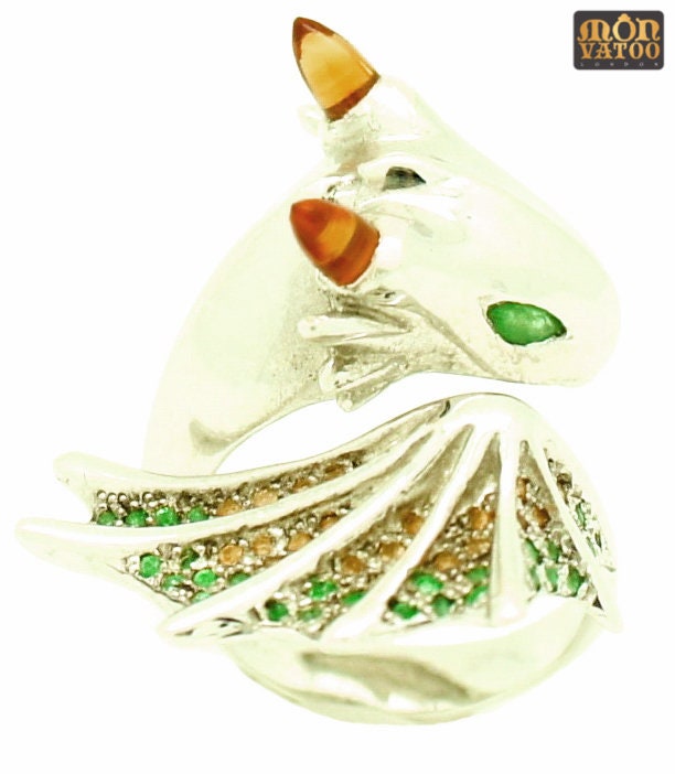 Citrine Emerald Dragon Silver Ring - Etsy