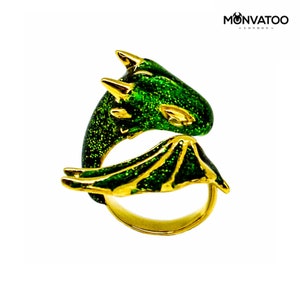 Whimsical Gold Emerald Dragon Fantasy Ring - Green Sparkling Dragon ...
