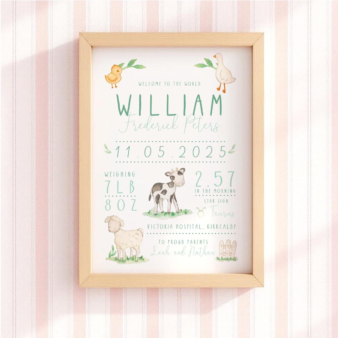Personalised Farm Animal Birth Print: Watercolor Nursery Wall Art - Etsy