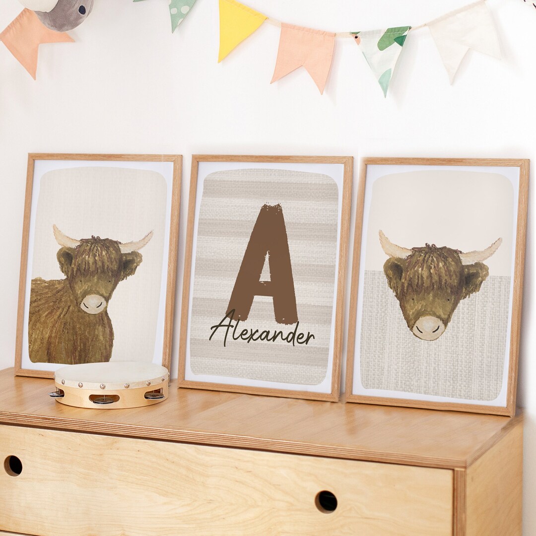Personalised Highland Cow Wall Art Print Set A4 A3 | Kid's Interior ...