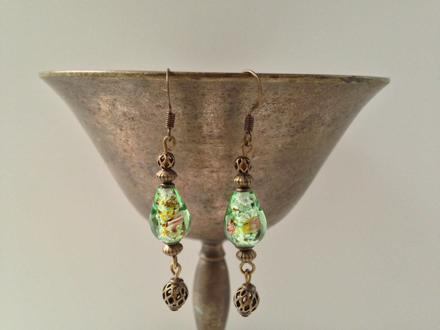 Filigree Foil Lined Sage Green Beaded Dangle Earrings | Etsy