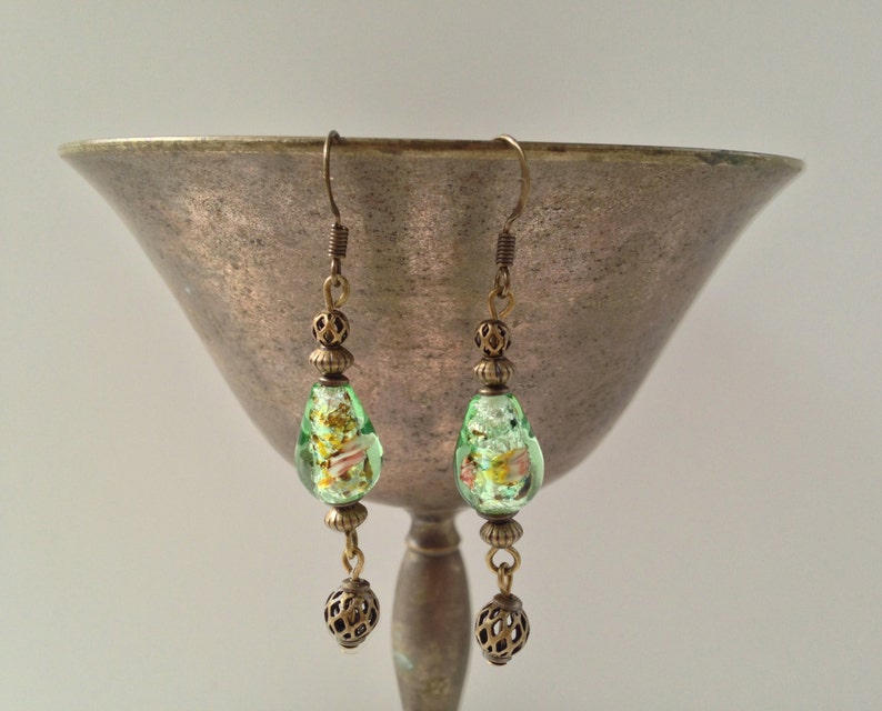 Filigree Foil Lined Sage Green Beaded Dangle Earrings - Etsy