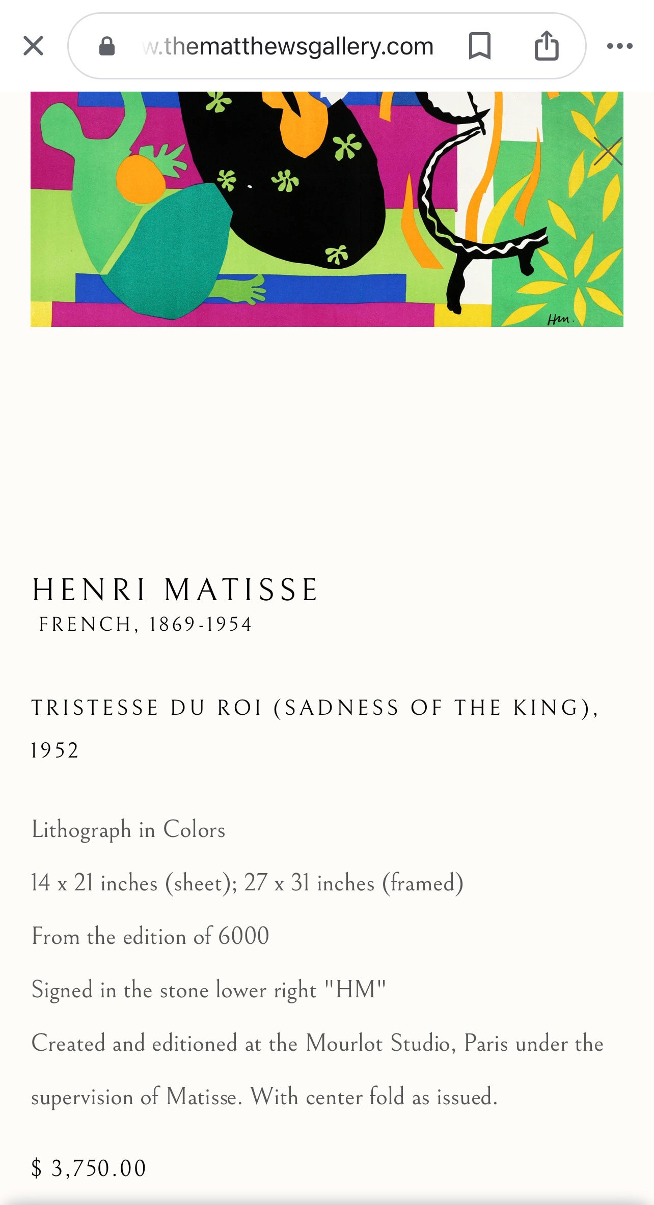 Henri Matisse C.1952 Sorrows of the King Tristesse Du Roi - Etsy