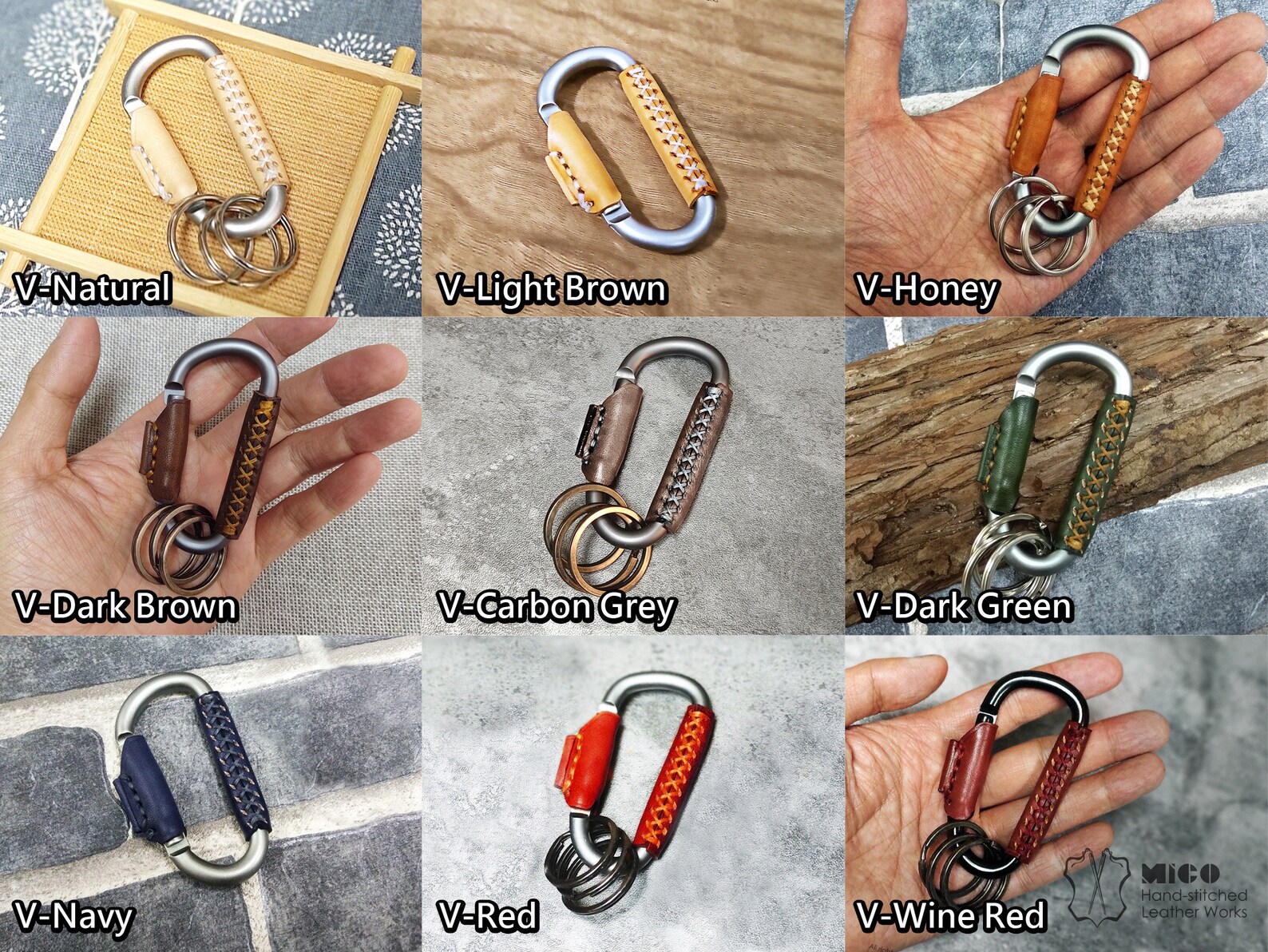 MICO Carabiner Leather Wrapped Key Holder, Key Chain, Key Fob ...