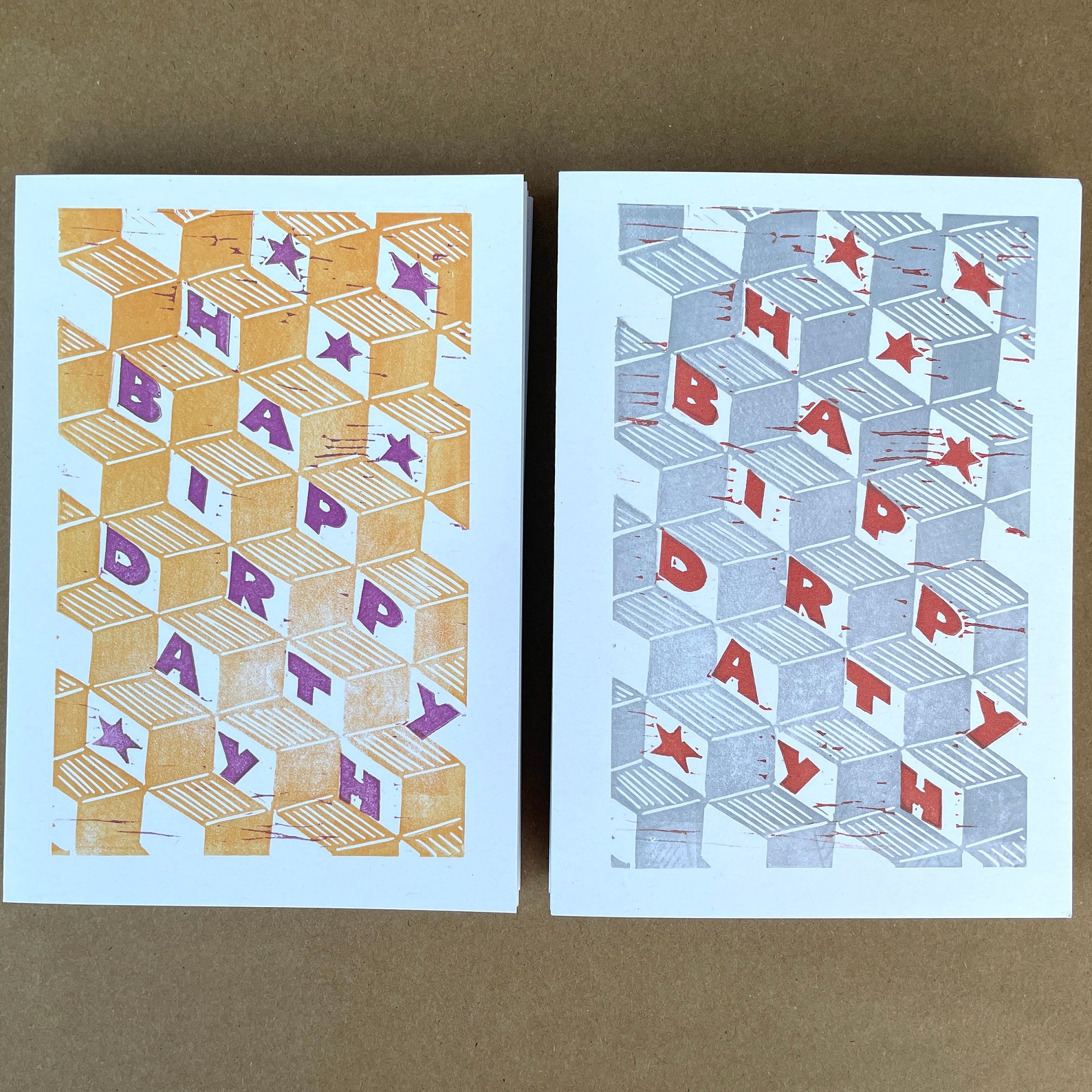 Happy Birthday Cubes Handprinted Linocut Birthday Card - Etsy