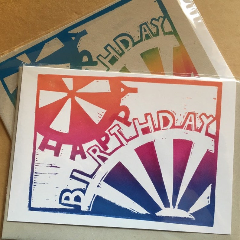 Happy Birthday Cogs Linocut Birthday Card - Etsy