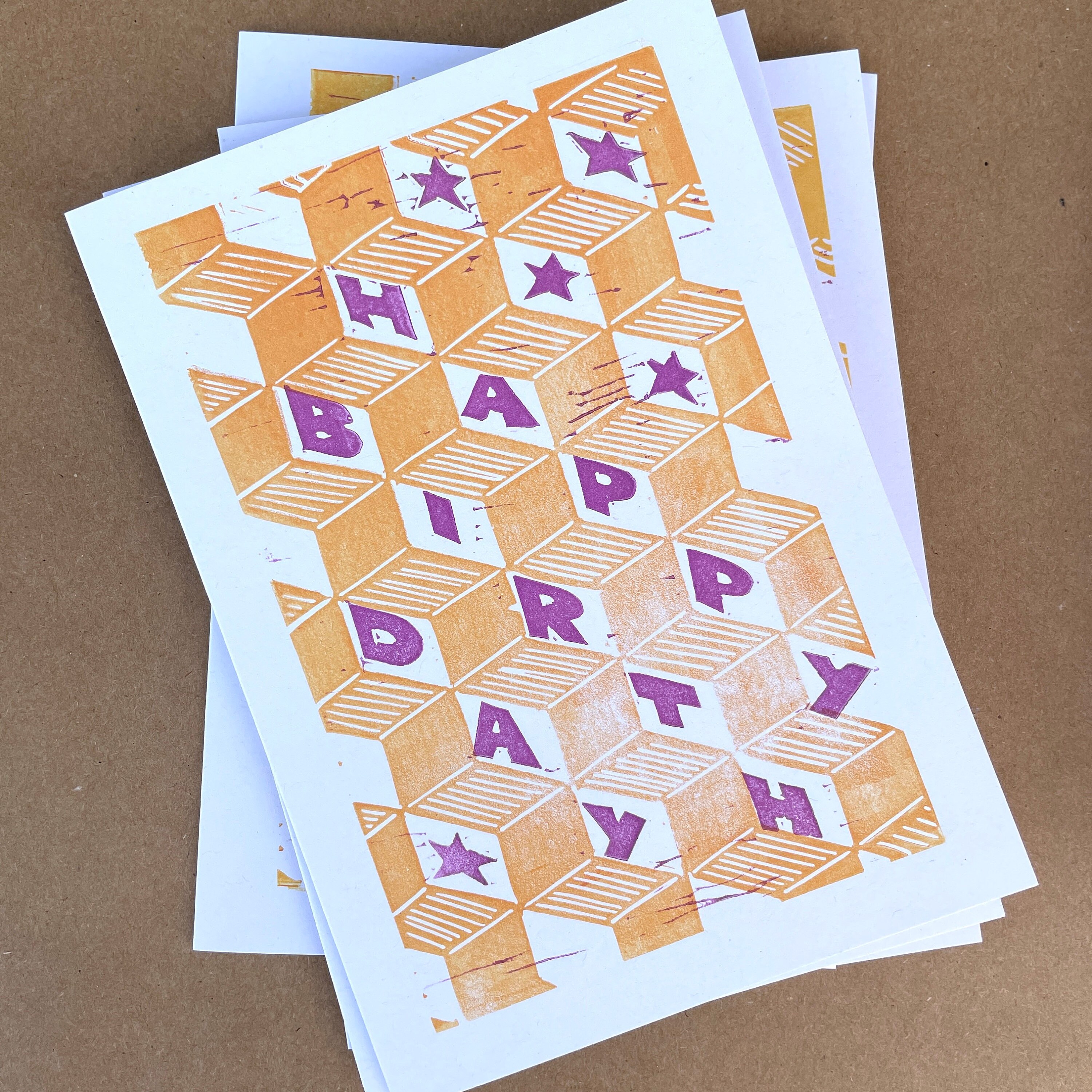 Happy Birthday Cubes Handprinted Linocut Birthday Card - Etsy