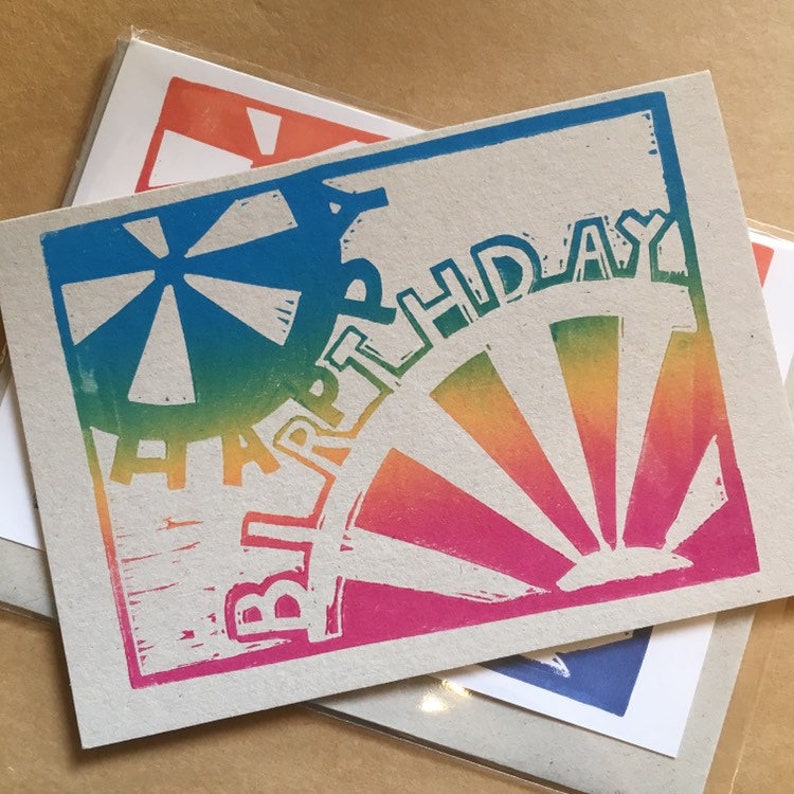 Happy Birthday Cogs Linocut Birthday Card - Etsy