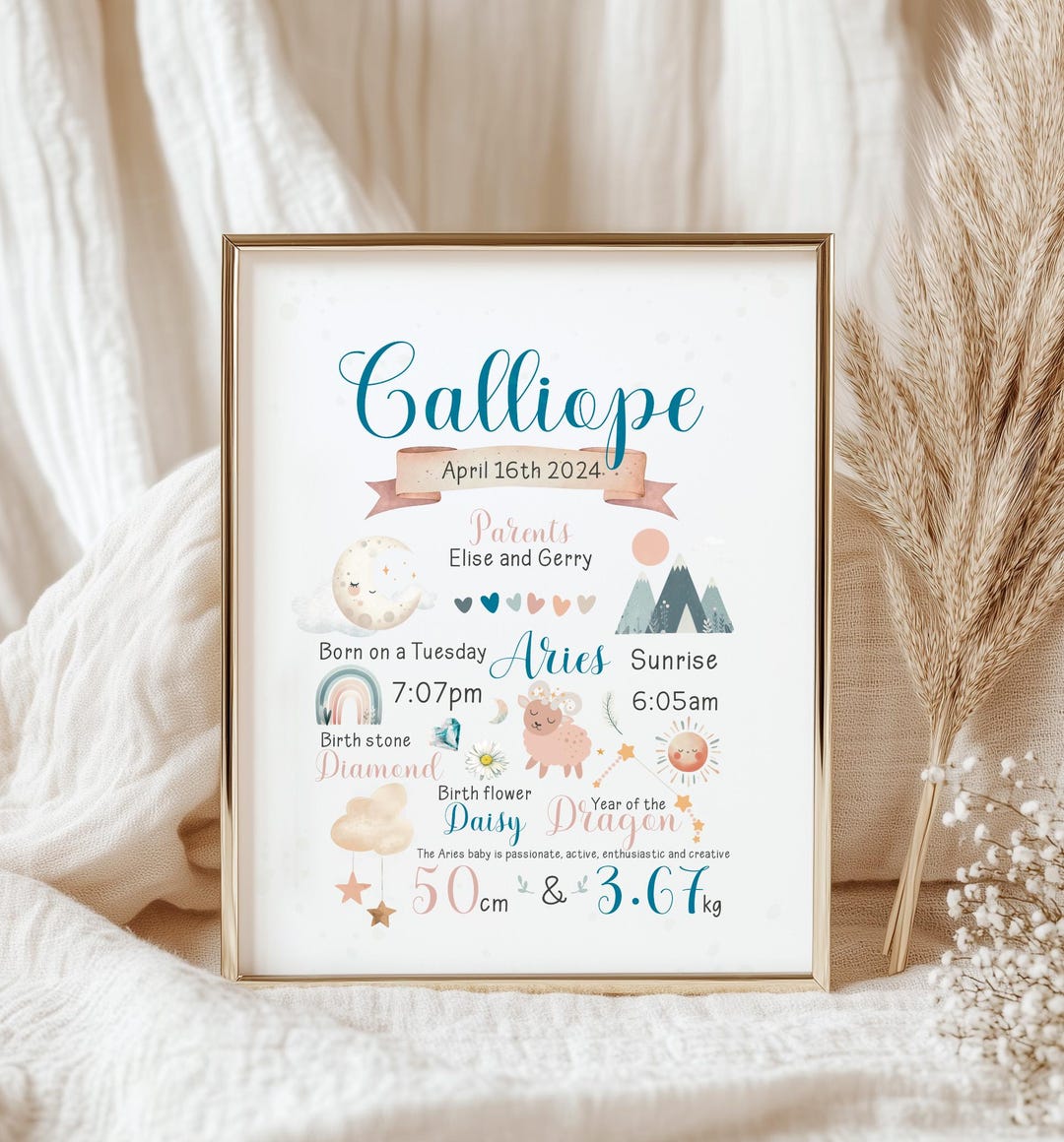 BIRTH PRINT Nursery Decor | A3 or A4 | Boho, Safari, Zodiac, Ocean ...