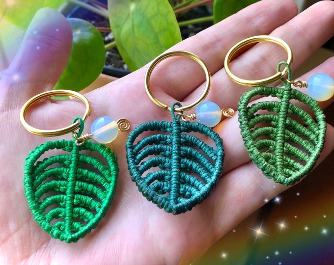 Handmade Macrame Leaf Keychain With Opalite Charm - Keychain - Purse ...
