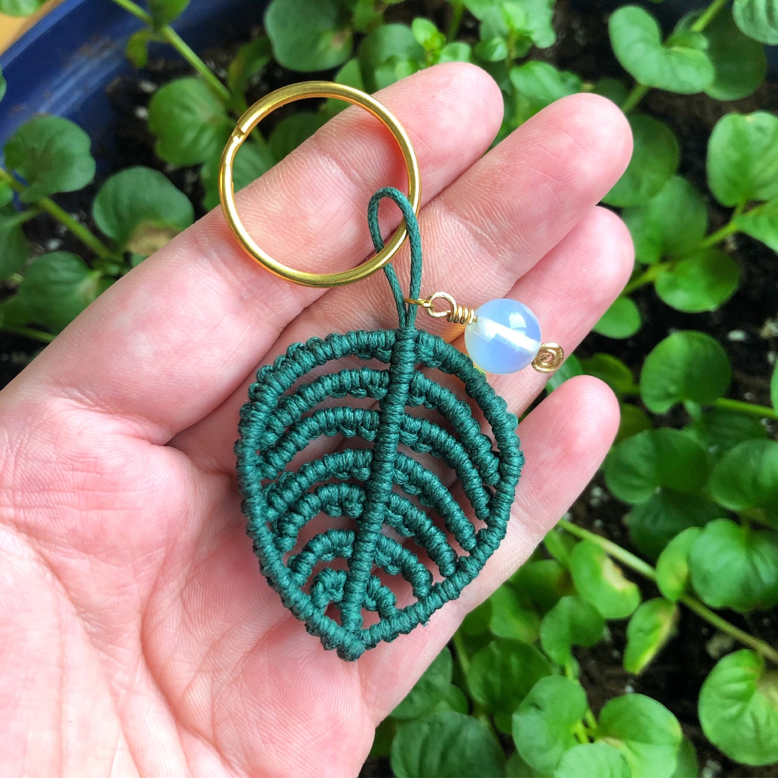 Handmade Macrame Leaf Keychain With Opalite Charm Keychain Purse Decor ...