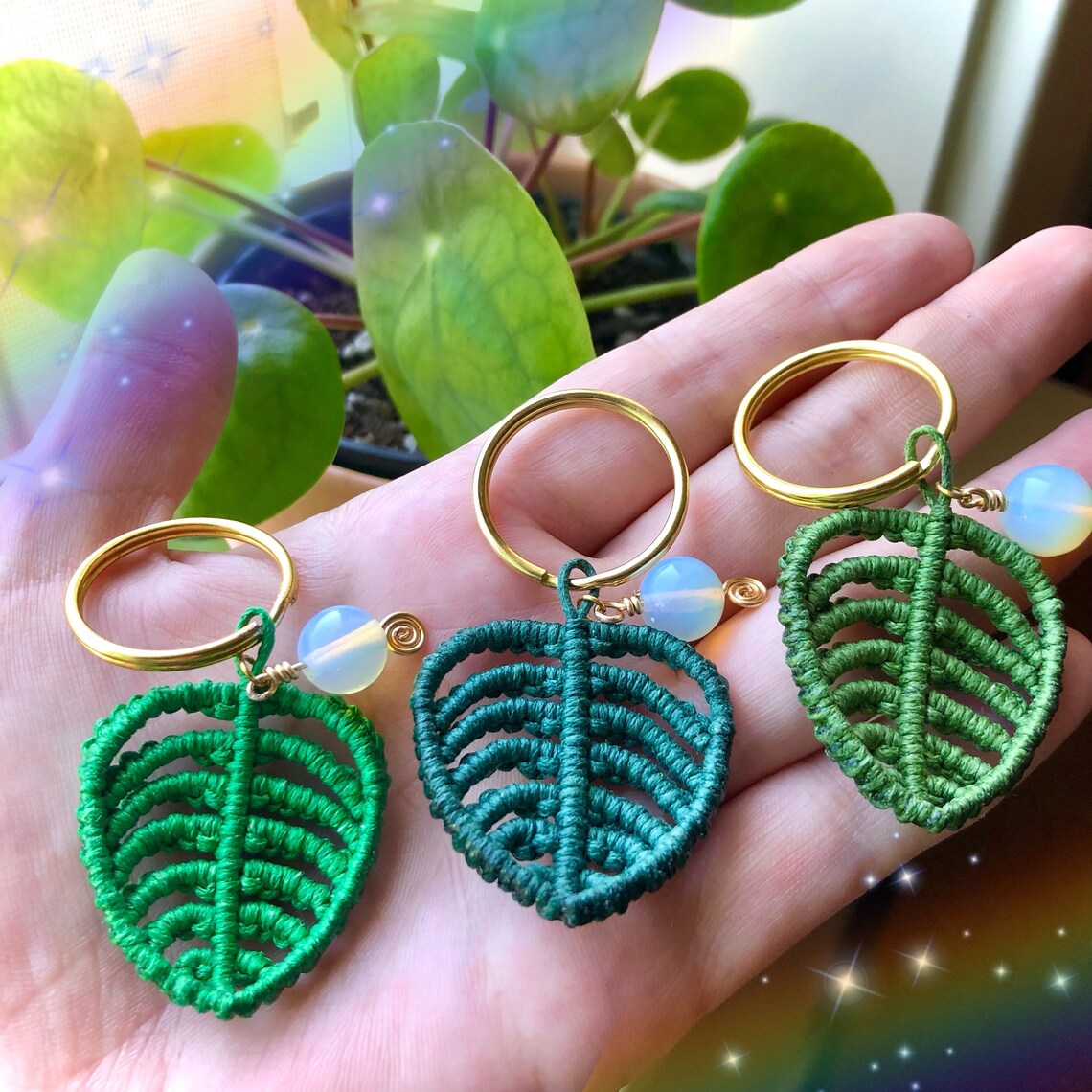 Handmade Macrame Leaf Keychain With Opalite Charm Keychain Purse Decor ...