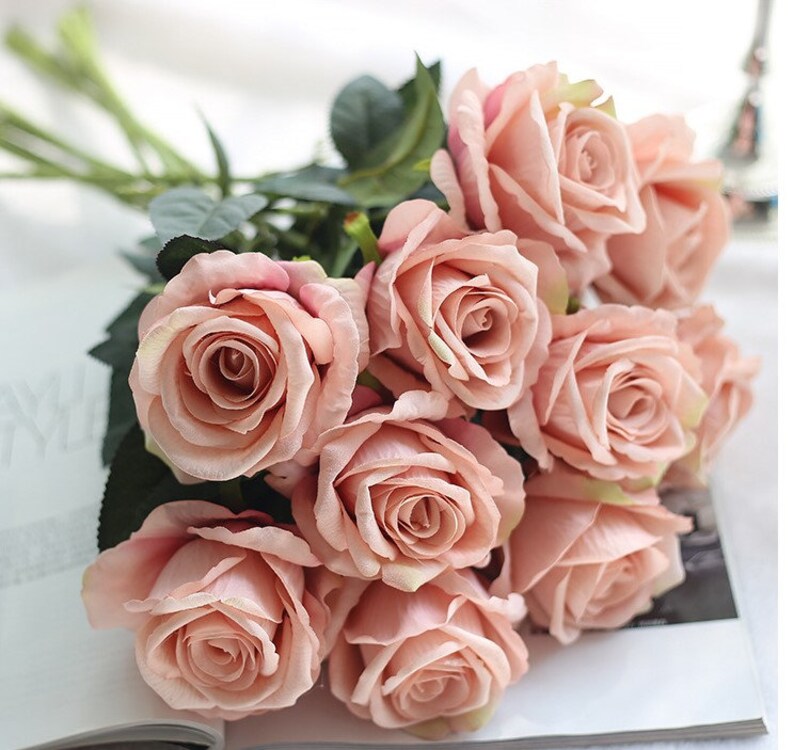 Blush Pink Simulation Flowers Velvet Roses 10 Stems Realistic | Etsy