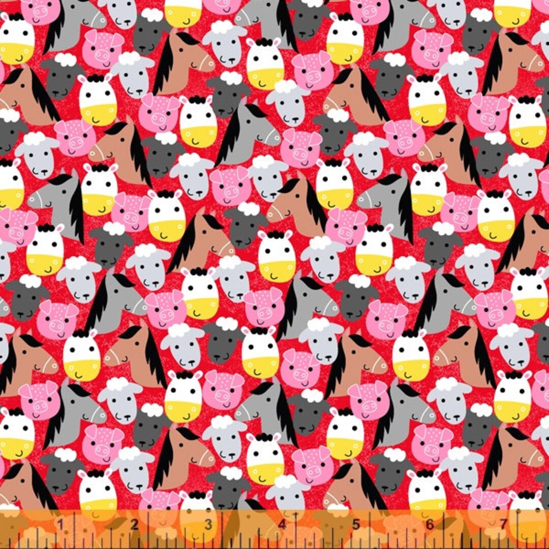 FARM FRIENDS - Farm Faces in Barn Red - Barn Animals Cotton Quilt ...