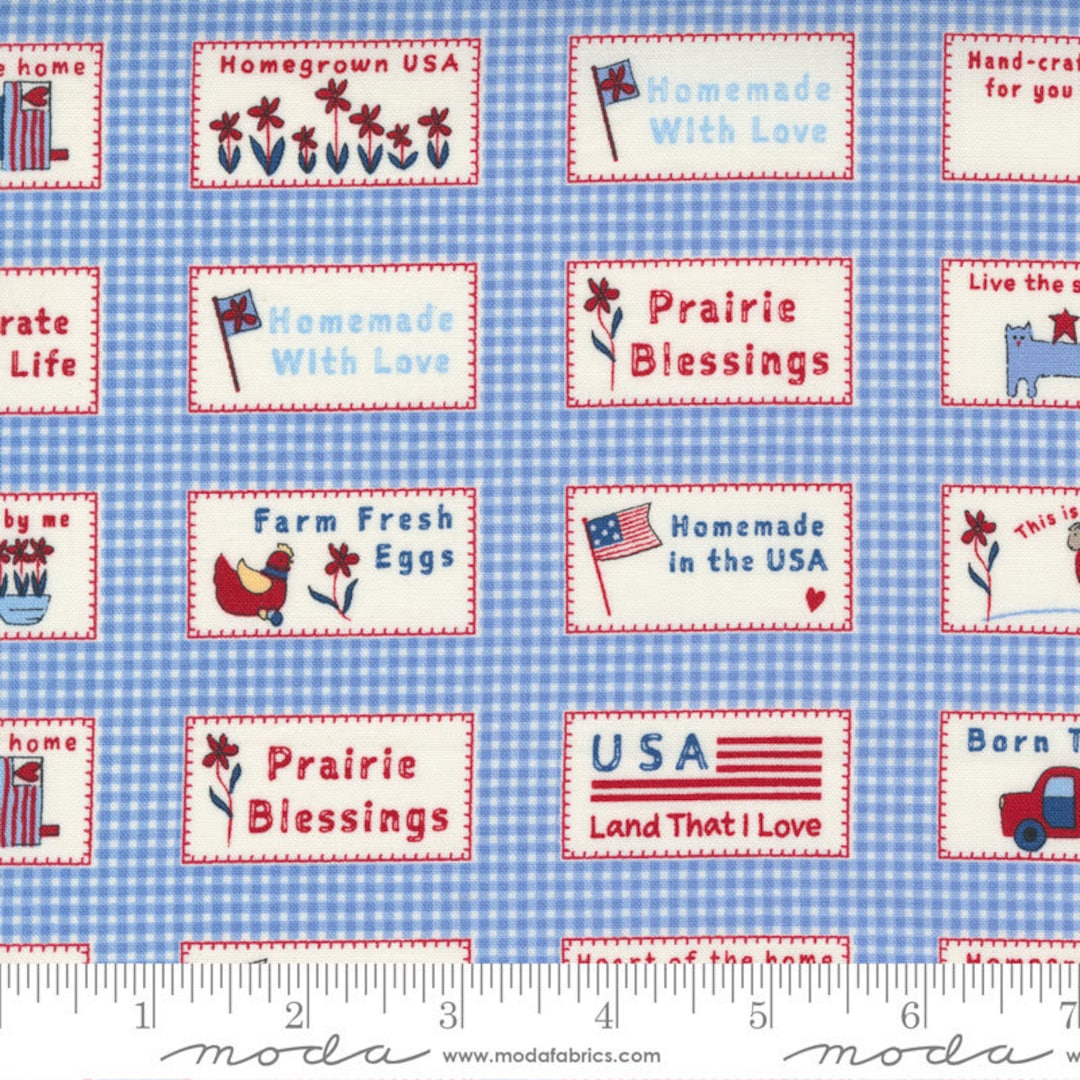 PRAIRIE DAYS - Prairie Tags in Sky Blue - Red USA Farm Heartland Cotton ...